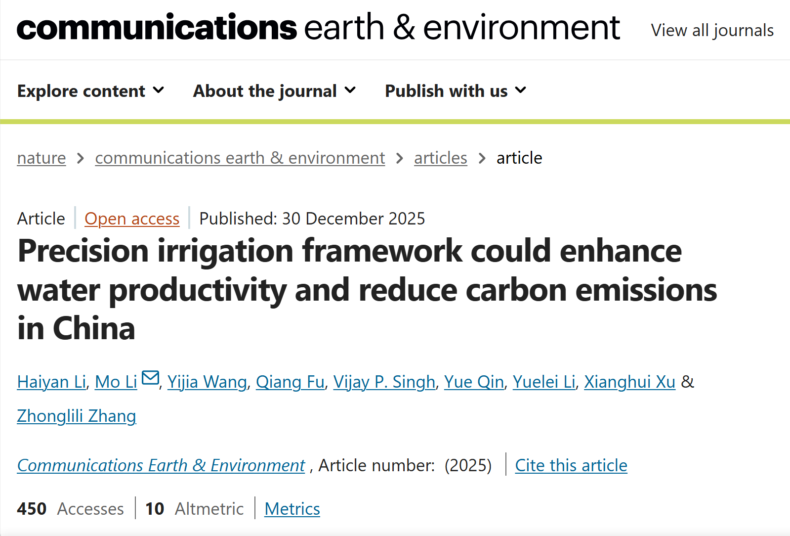 我院付强教授团队李茉课题组在Nature旗下《Communications Earth & Environment》期刊发表研究论文-水利学院